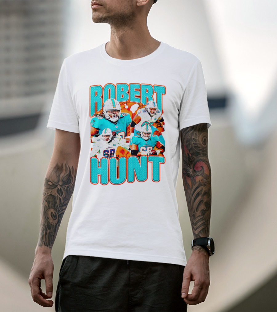 Robert Hunt Miami Dolphins 68 Vintage Football Collage T-Shirt