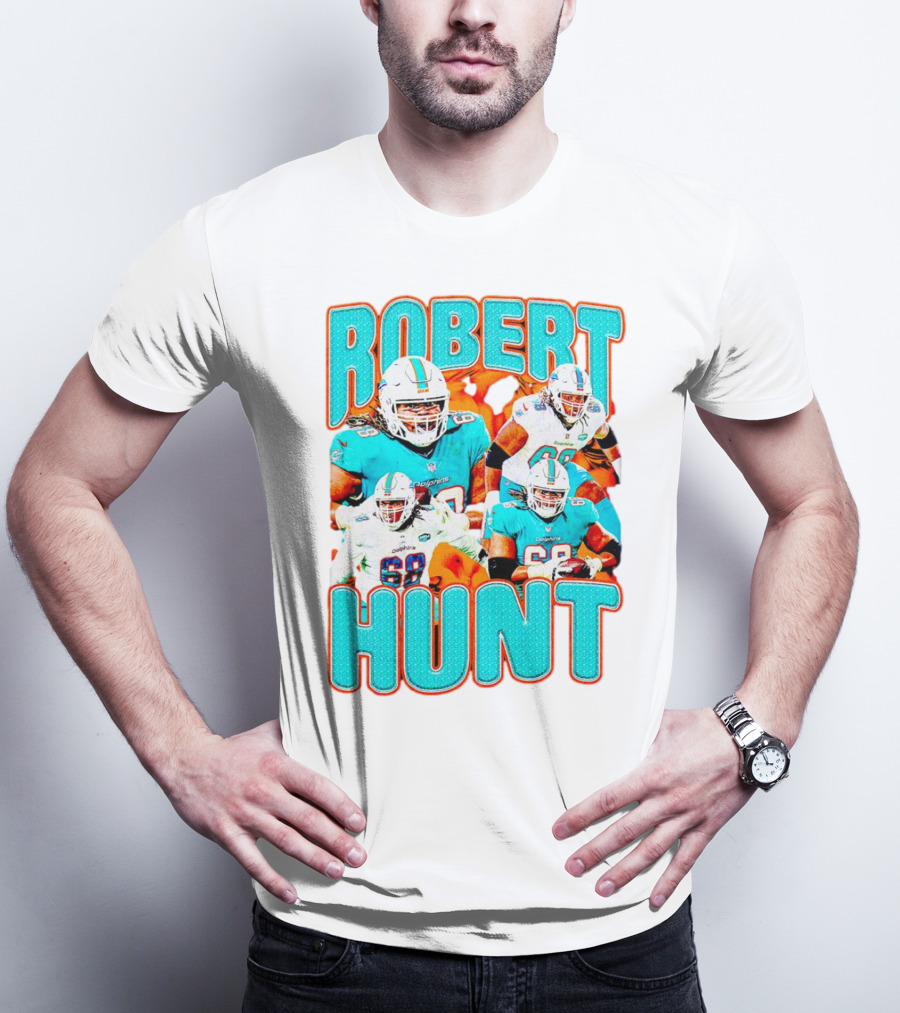 Robert Hunt Miami Dolphins 68 Vintage Football Collage T-Shirt