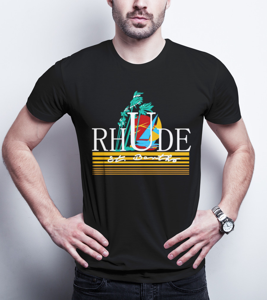 Rhude St Barths Vibrant Tropical Sailboat And Palm Trees T-Shirt