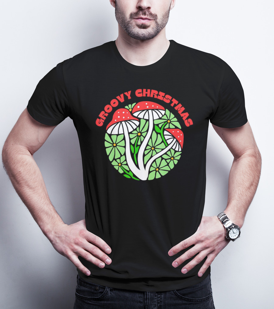 Groovy Christmas Psychedelic Mushrooms And Flowers T-Shirt
