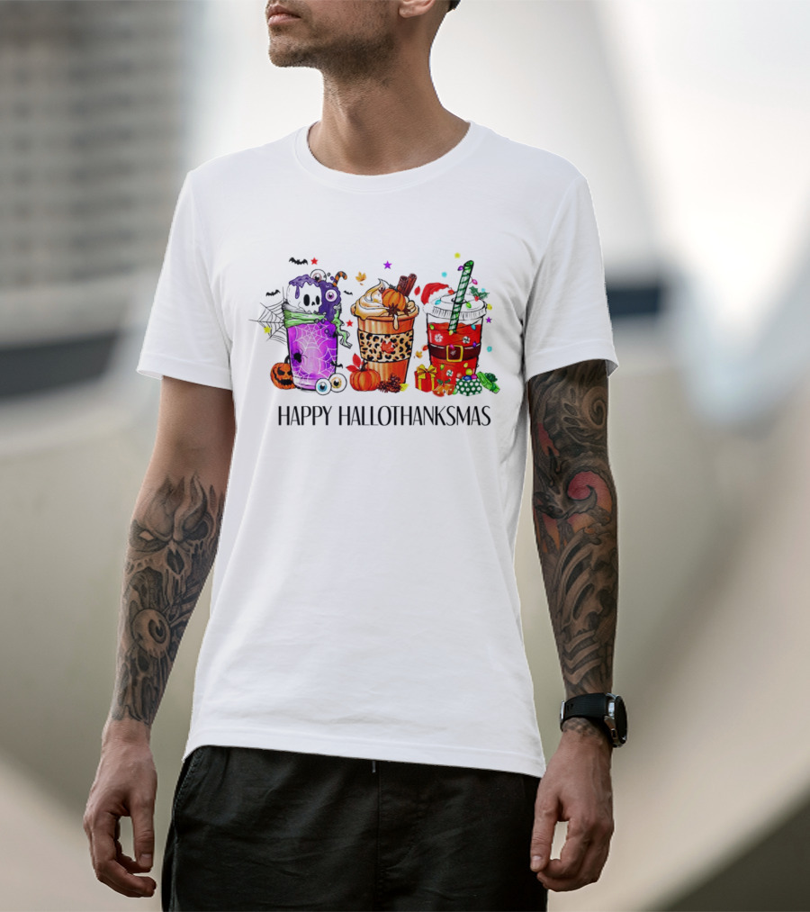 Happy Hallothanksmas With Spooky Fall And Festive Latte Trio T-Shirt
