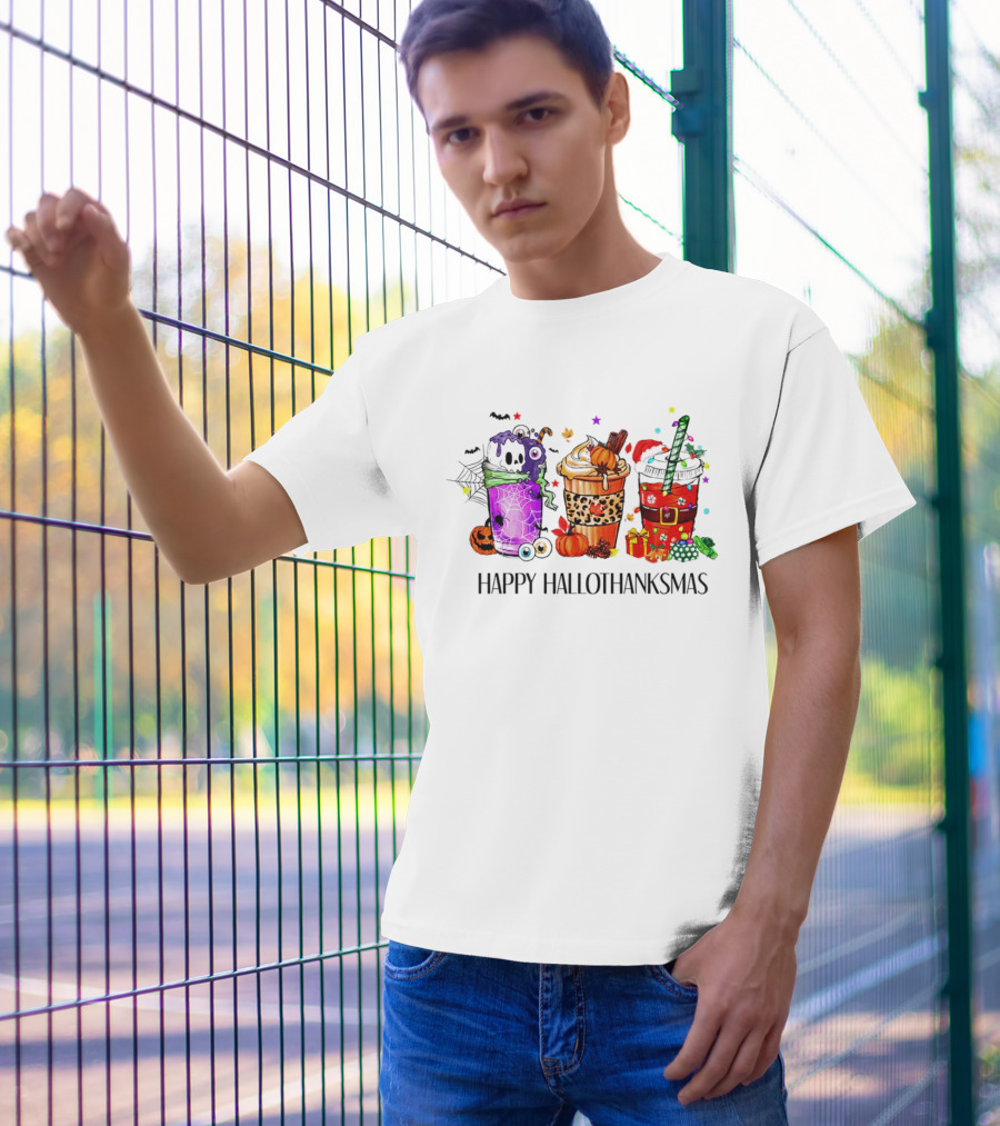 Happy Hallothanksmas With Spooky Fall And Festive Latte Trio T-Shirt
