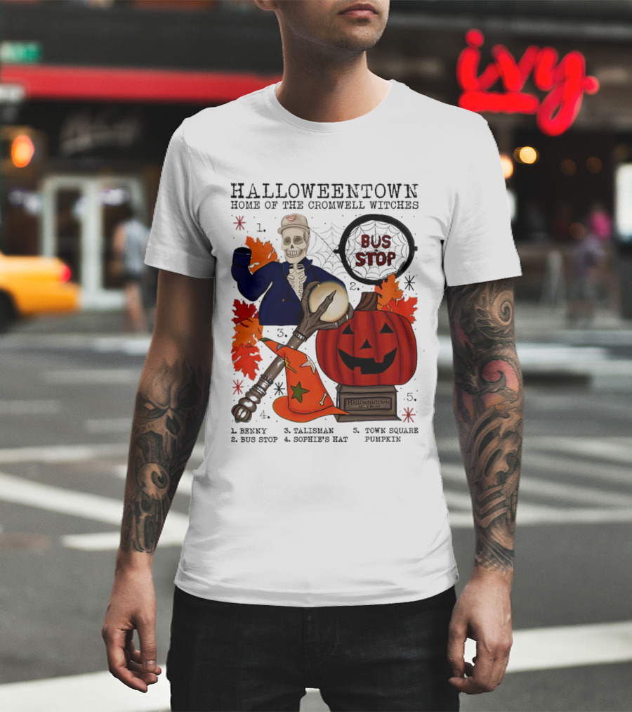 Halloweentown Home Of The Cromwell Witches Skeleton With Sophie’s Hat And Town Square Pumpkin T-Shirt