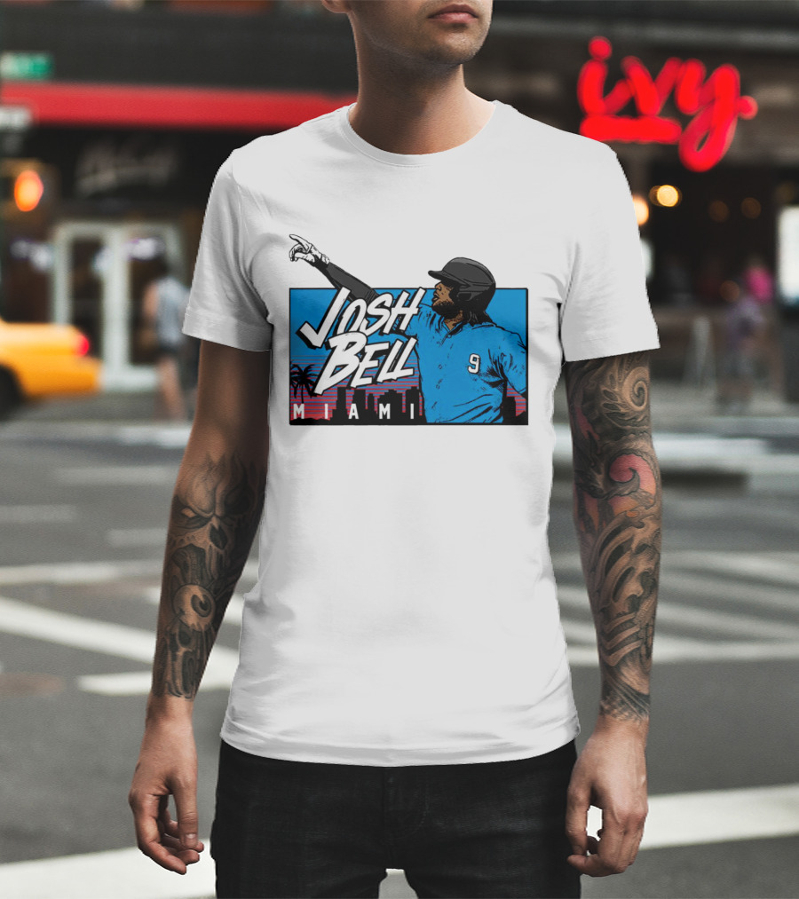 Josh Bell Miami Skyline Baseball Sunset T-Shirt