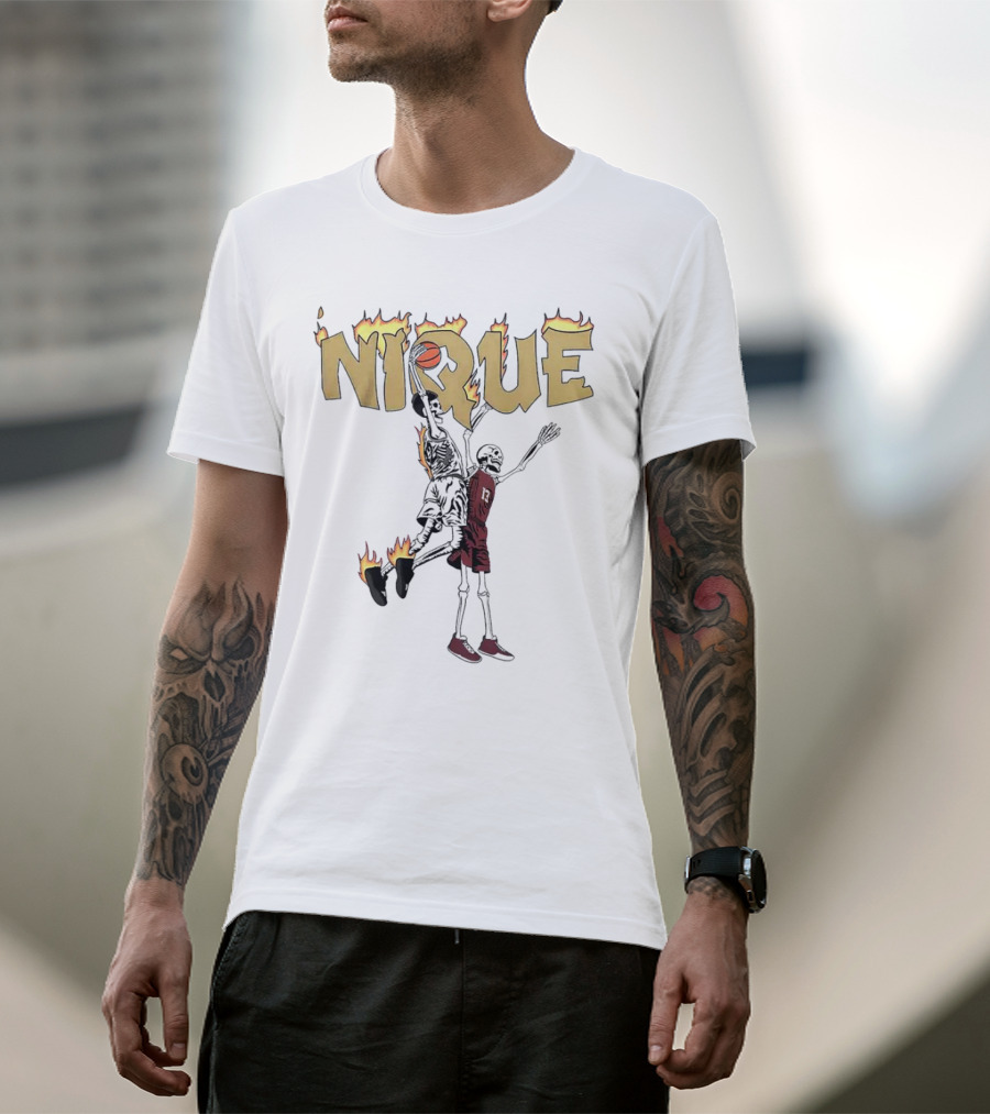 NIQUE Flaming Skeleton Dunk Basketball T-Shirt