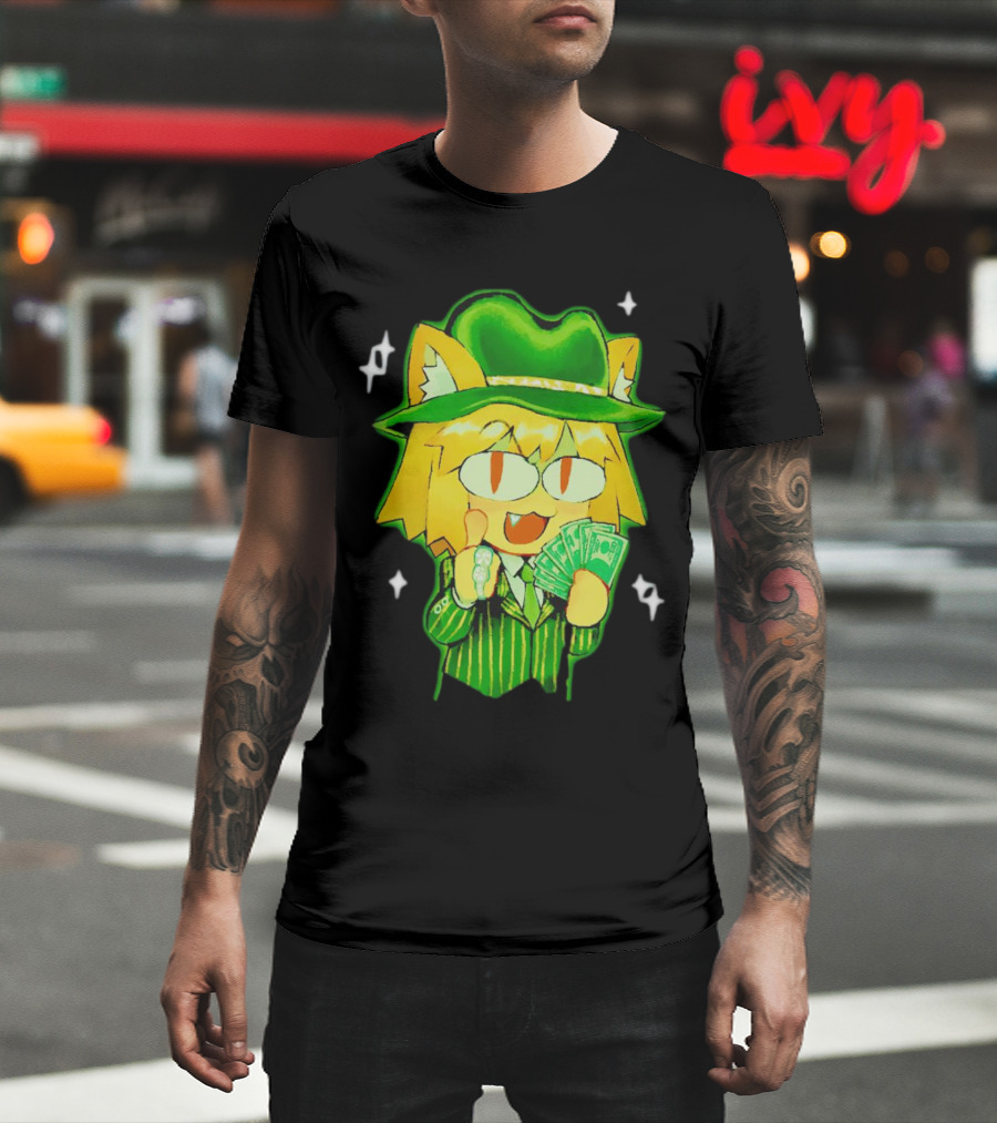 Sunny Waifu Gangster Neco-Arc Anime Cat Character With Money And Green Hat T-Shirt