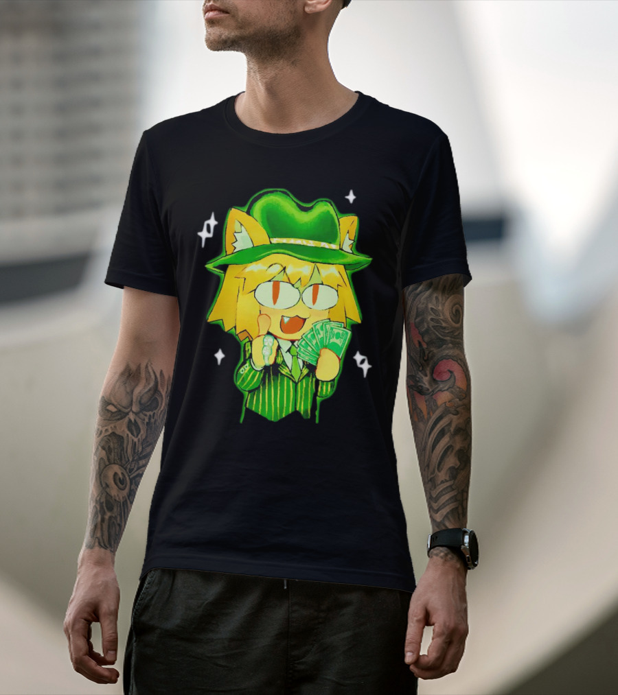 Sunny Waifu Gangster Neco-Arc Anime Cat Character With Money And Green Hat T-Shirt