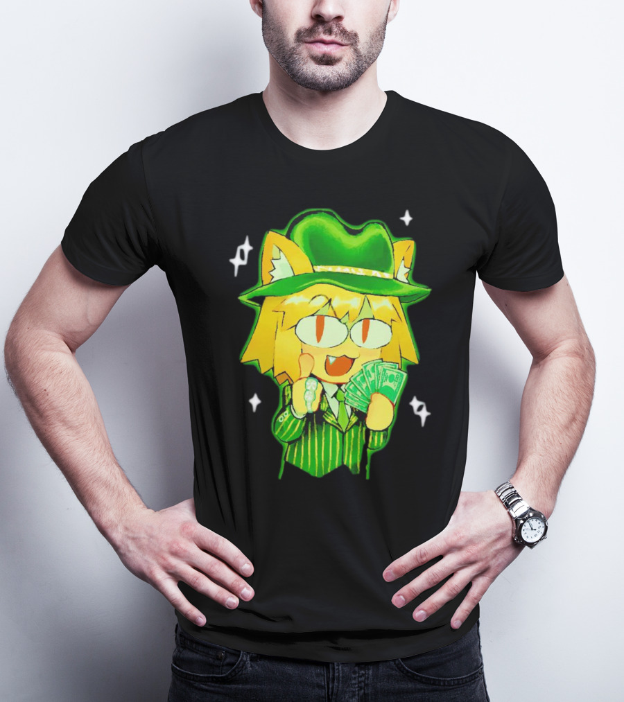 Sunny Waifu Gangster Neco-Arc Anime Cat Character With Money And Green Hat T-Shirt