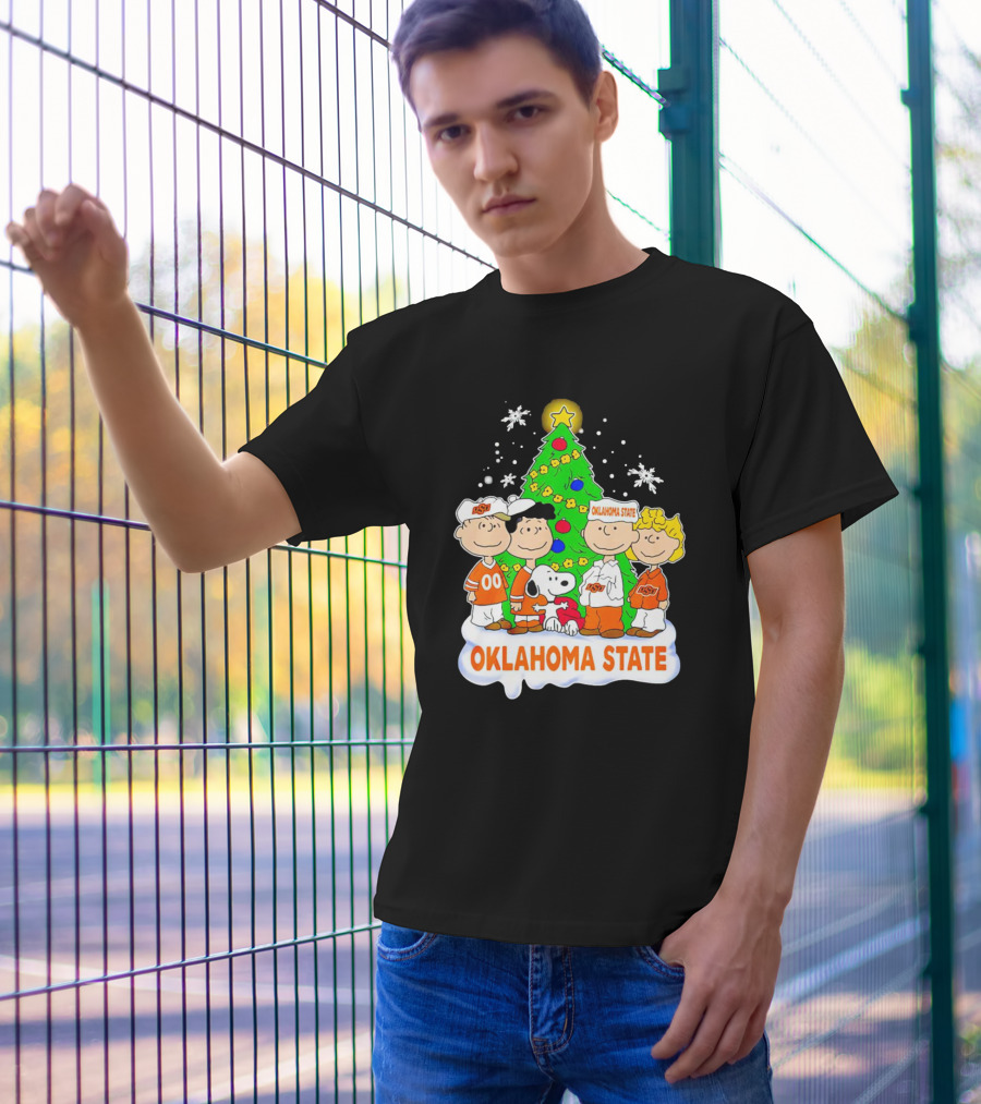 Peanuts Oklahoma State Cowboys Christmas Tree Snoopy Charlie Brown Lucy Peppermint Patty T-Shirt