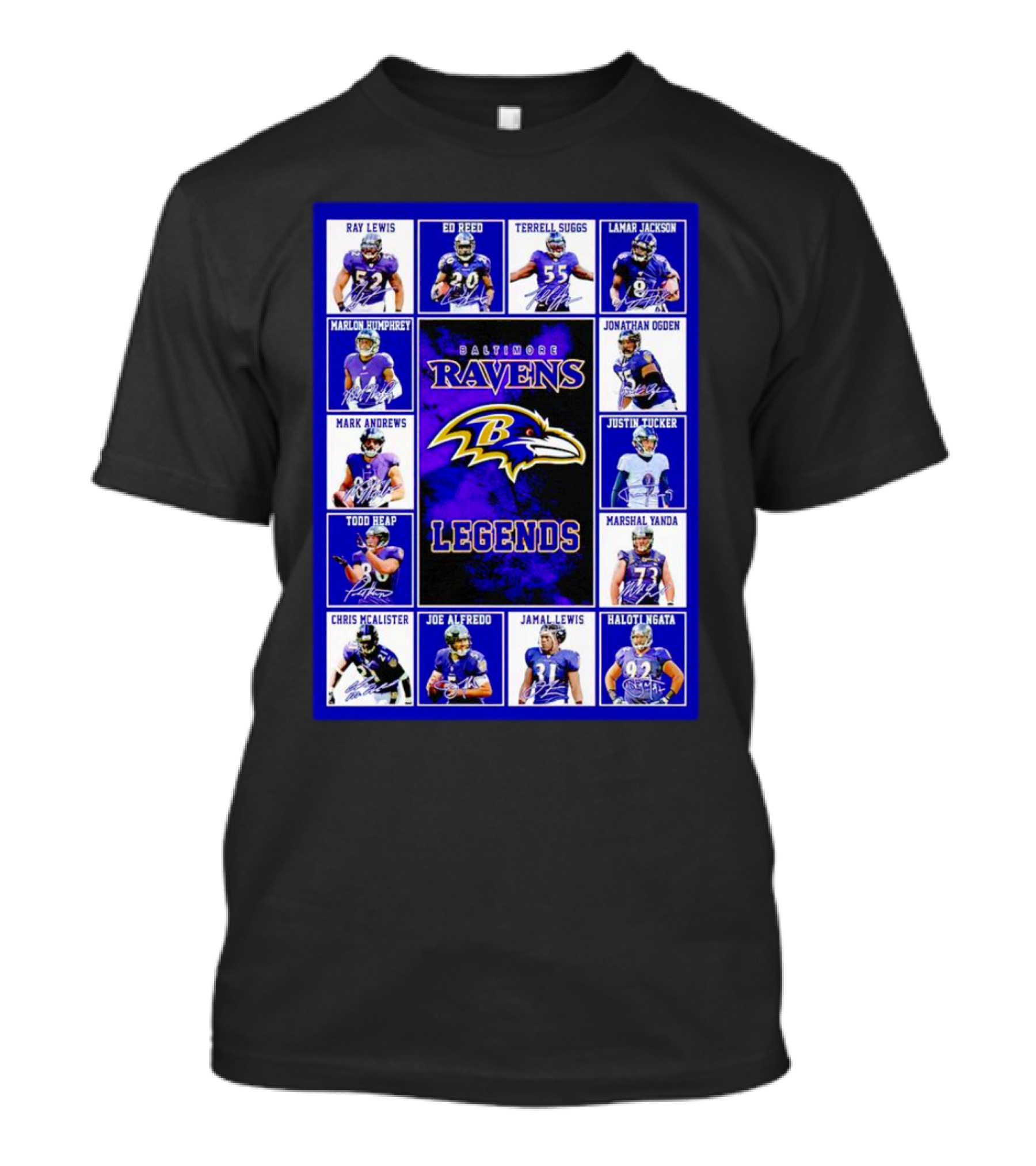 Baltimore Ravens Legends Ray Lewis Ed Reed Lamar Jackson Signature Collection T-Shirt