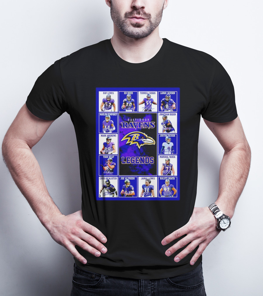 Baltimore Ravens Legends Ray Lewis Ed Reed Lamar Jackson Signature Collection T-Shirt