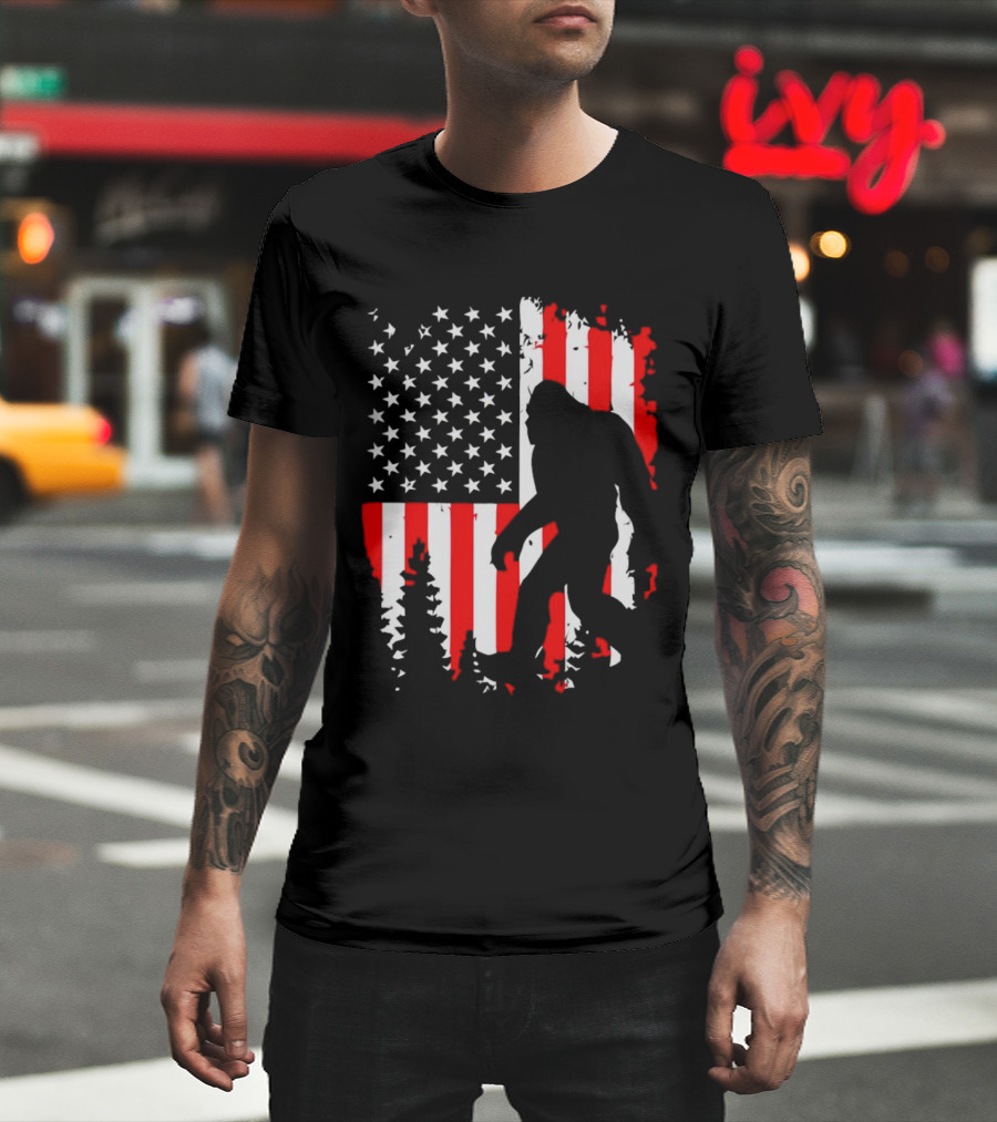 Bigfoot Silhouette With American Flag Background T-Shirt