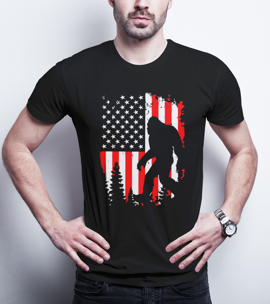 Bigfoot Silhouette With American Flag Background T-Shirt