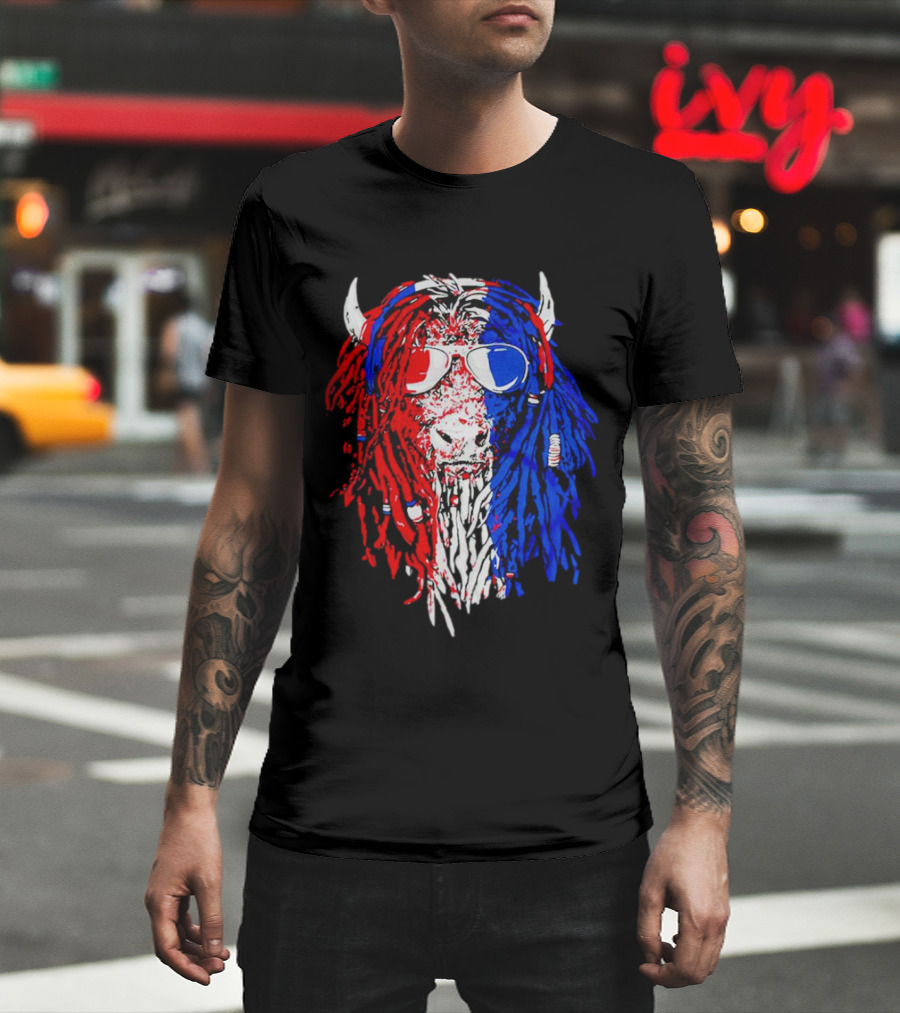 Buffalo Soldier Rasta Red Blue Bison Sunglasses Dreadlocks T-Shirt
