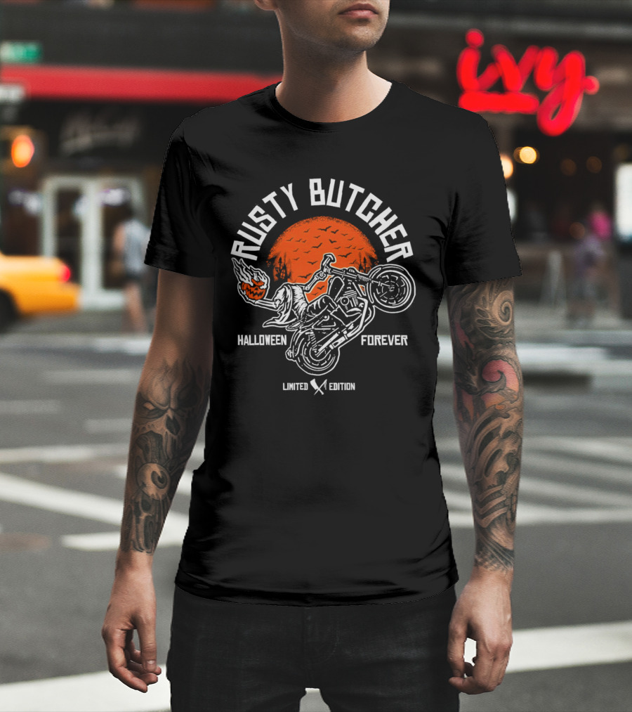 Rusty Butcher Halloween Forever Pumpkin Motorcycle Moon Bats T-Shirt