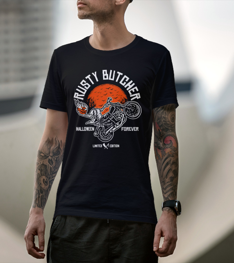 Rusty Butcher Halloween Forever Pumpkin Motorcycle Moon Bats T-Shirt