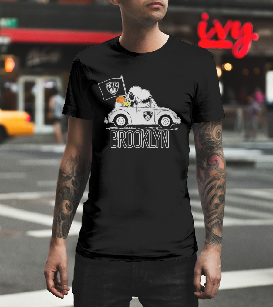 Brooklyn Nets Snoopy Driving Car With Basketball And Flag T-Shirt