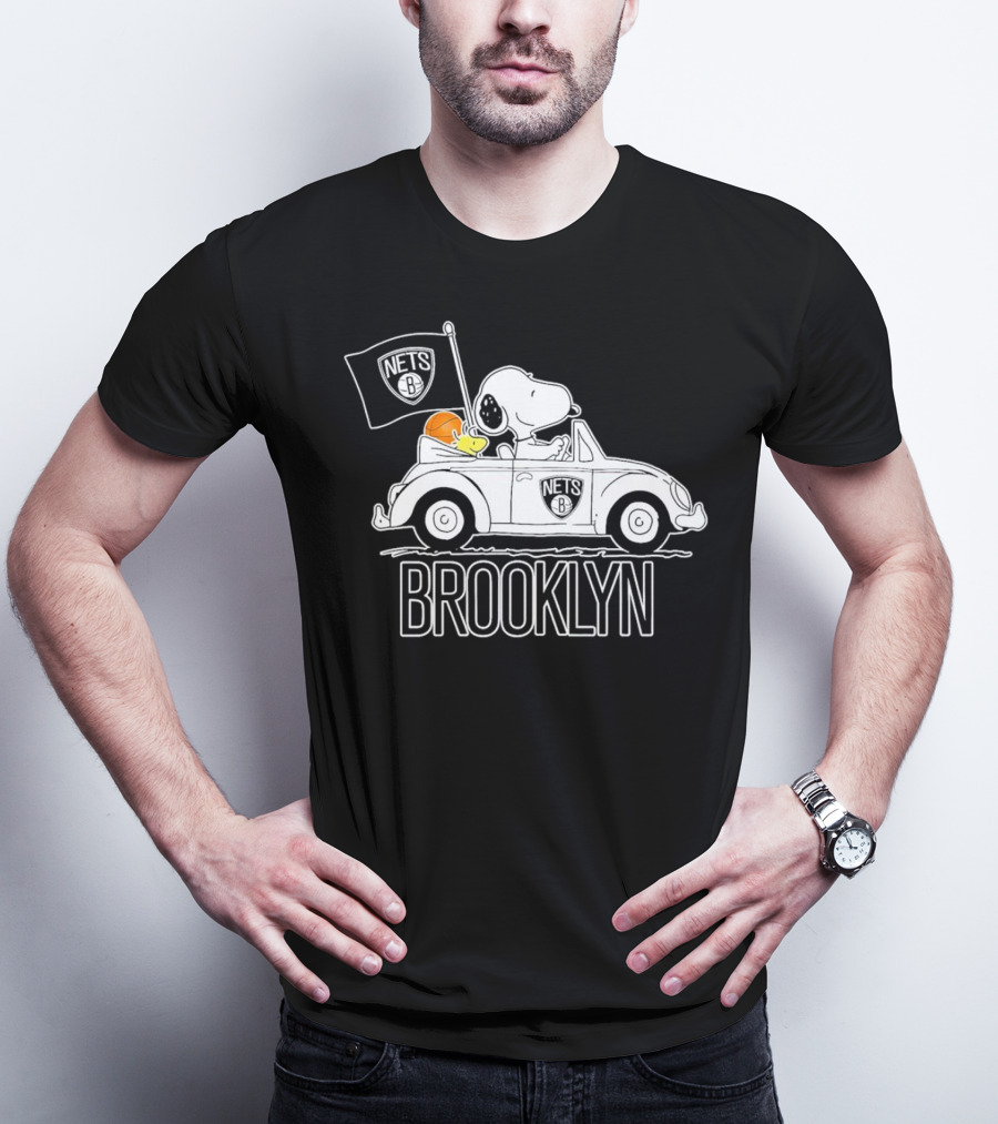Brooklyn Nets Snoopy Driving Car With Basketball And Flag T-Shirt