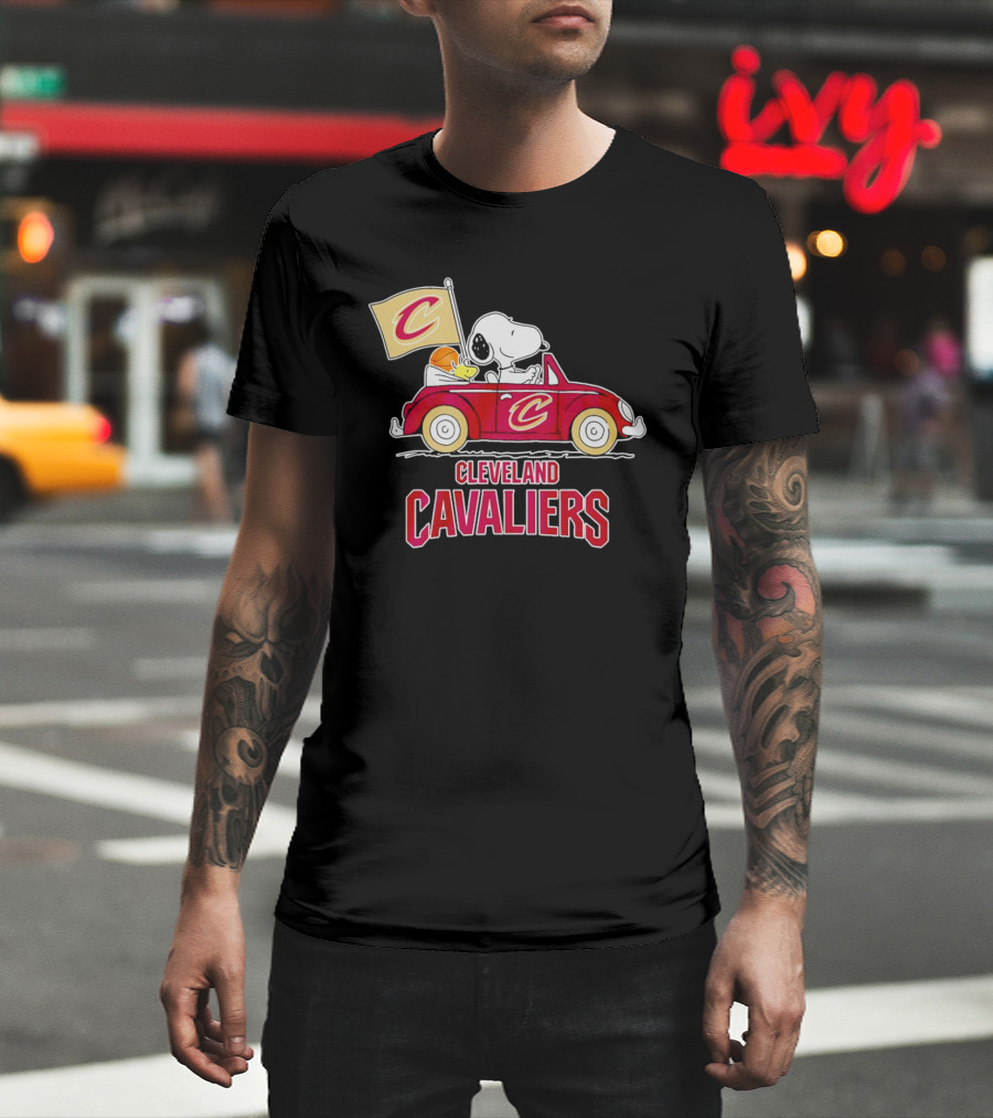 Cleveland Cavaliers Snoopy Driving Car With Basketball And Flag T-Shirt