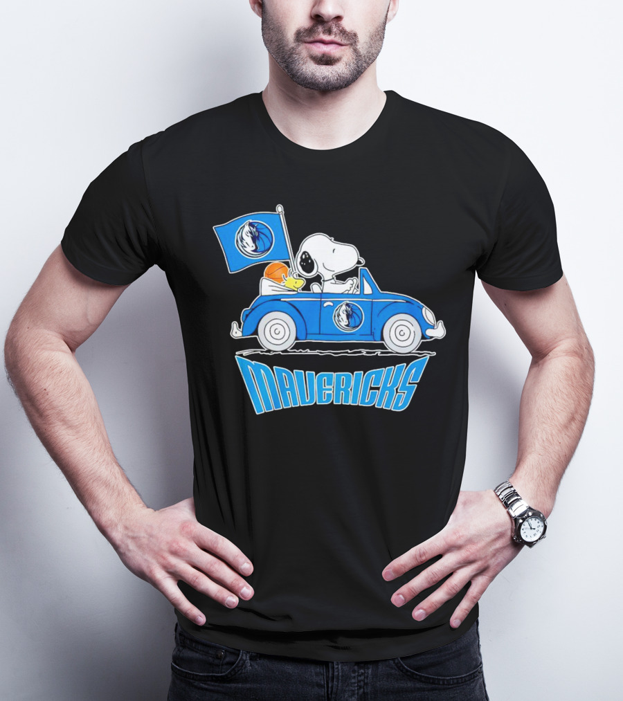 Mavericks Basketball Snoopy Driving Car With Logo Flag T-Shirt