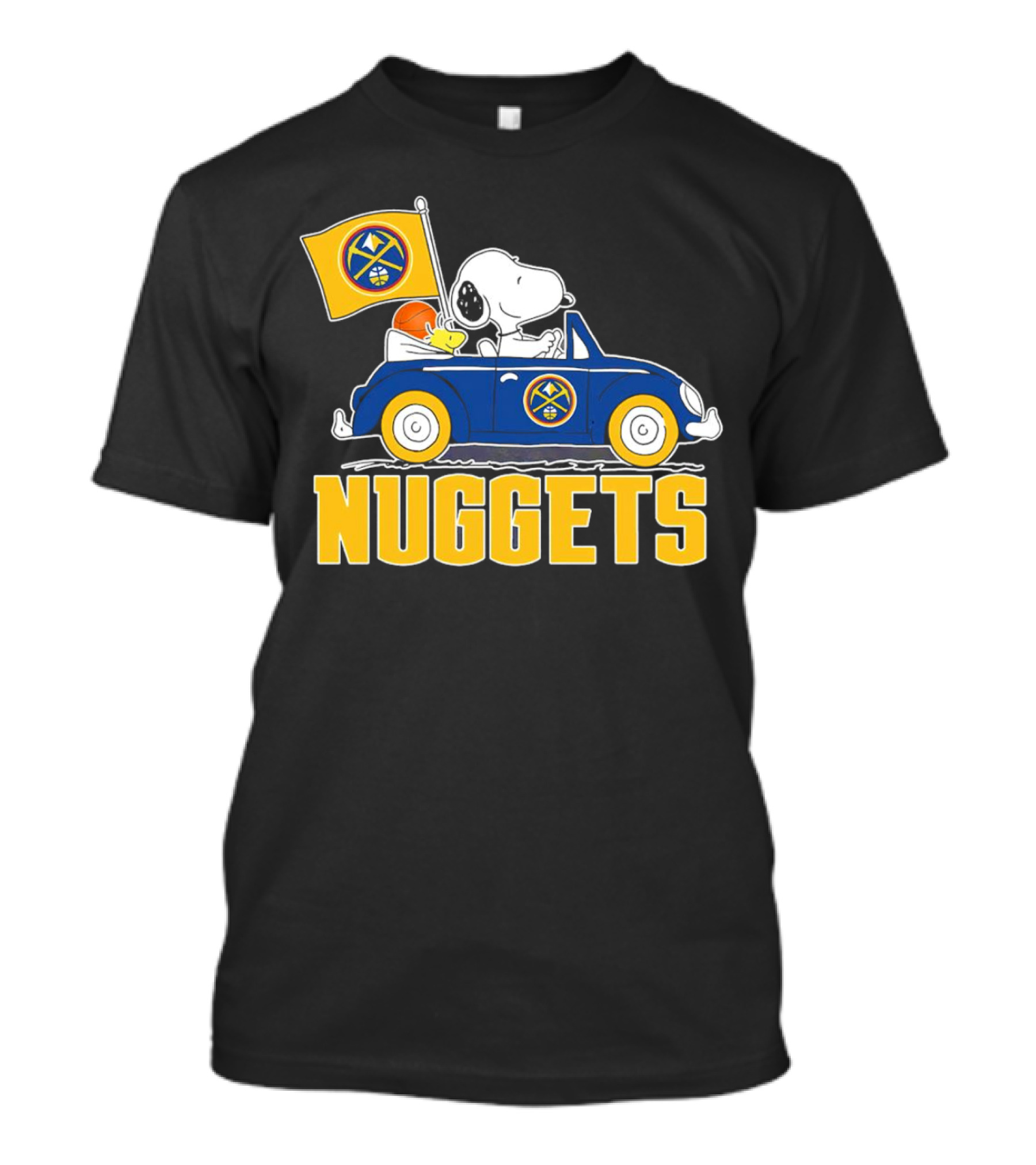 Denver Nuggets Snoopy Driving Car With Basketball Flag T-Shirt