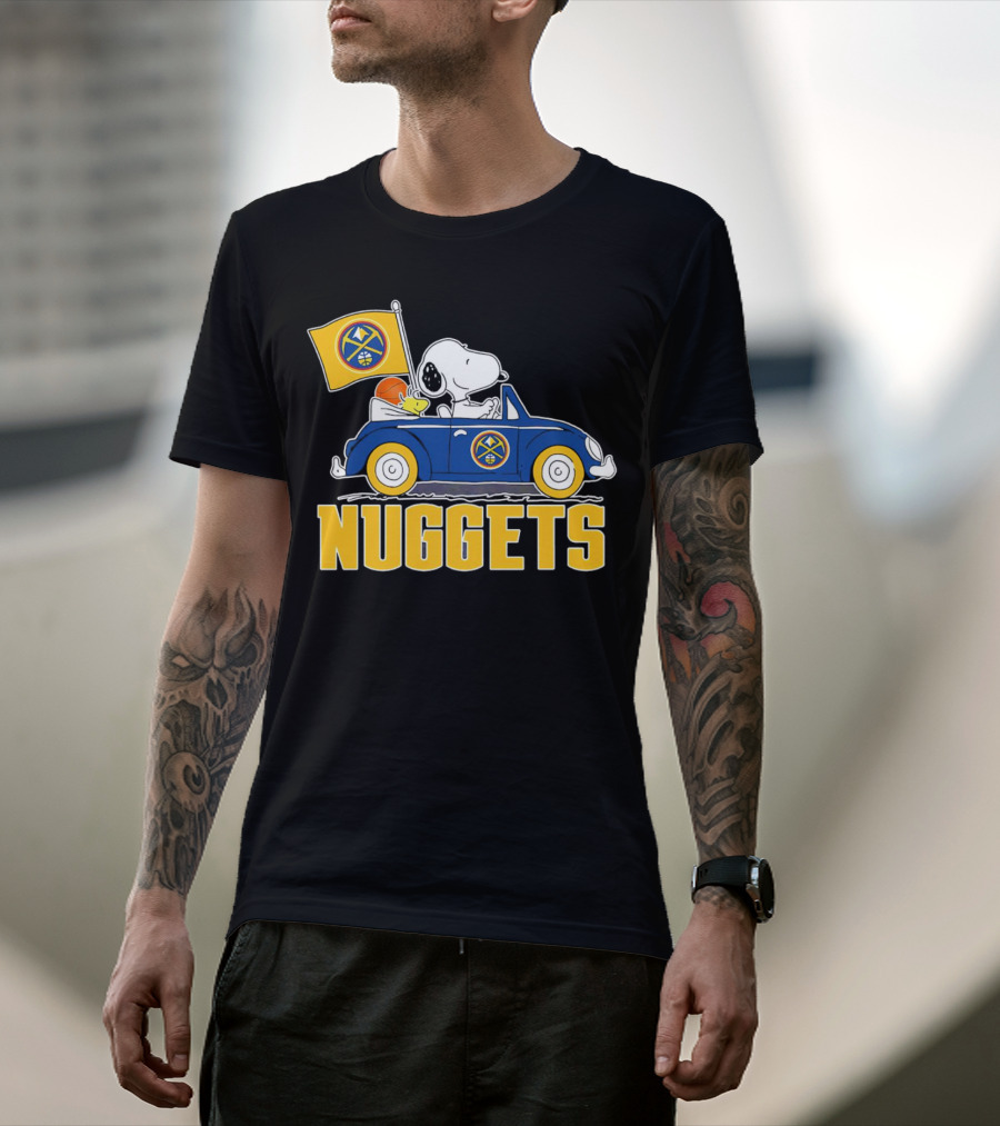Denver Nuggets Snoopy Driving Car With Basketball Flag T-Shirt