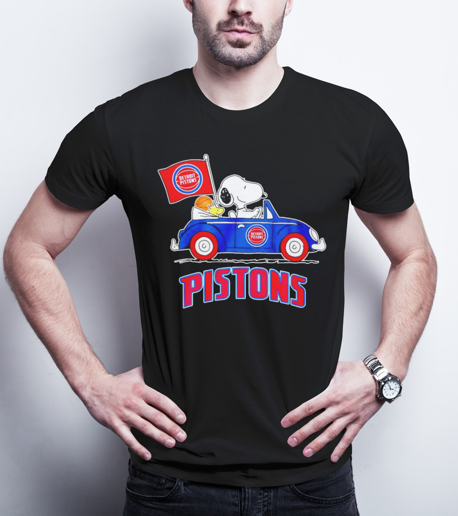 Detroit Pistons Basketball Snoopy Driving Car With Flag T-Shirt