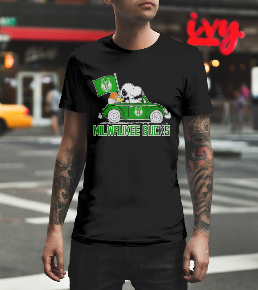 Milwaukee Bucks Snoopy Driving Car With Basketball And Team Flag T-Shirt