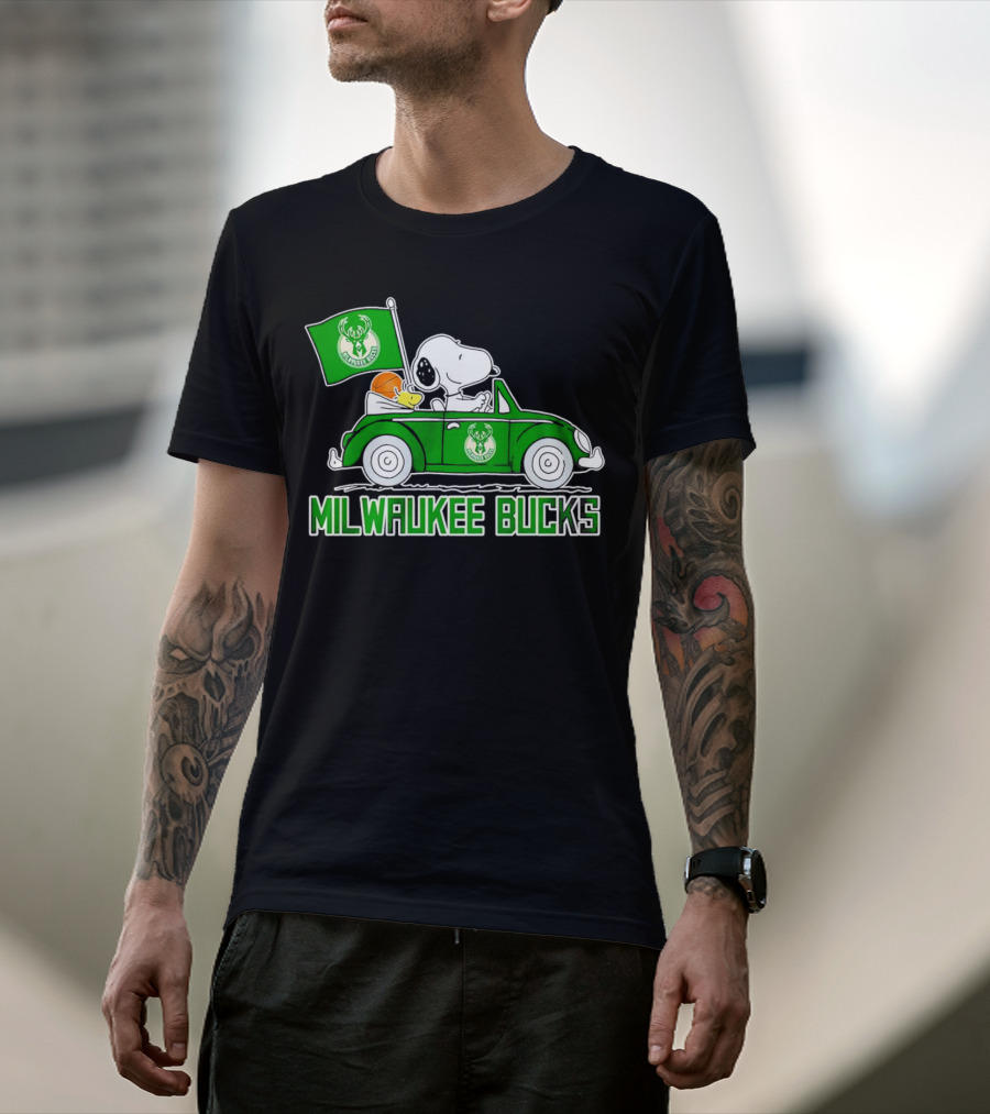 Milwaukee Bucks Snoopy Driving Car With Basketball And Team Flag T-Shirt