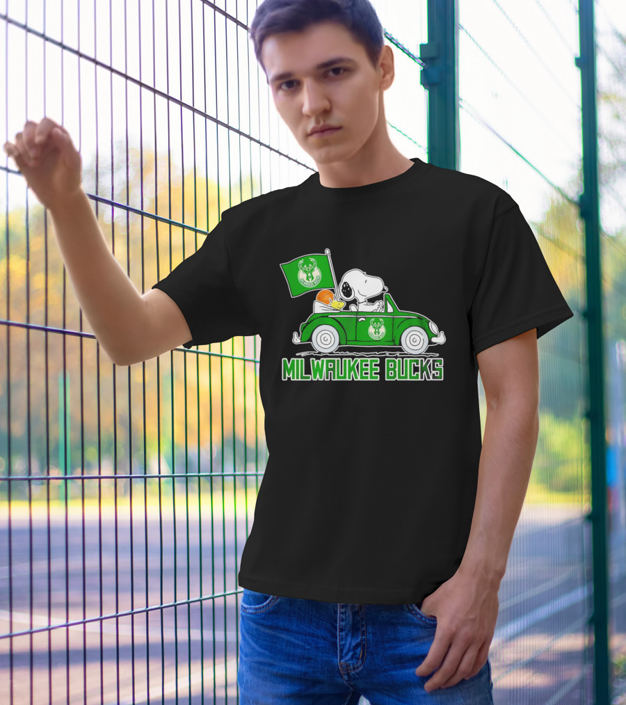 Milwaukee Bucks Snoopy Driving Car With Basketball And Team Flag T-Shirt
