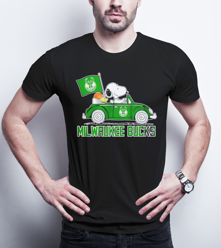 Milwaukee Bucks Snoopy Driving Car With Basketball And Team Flag T-Shirt
