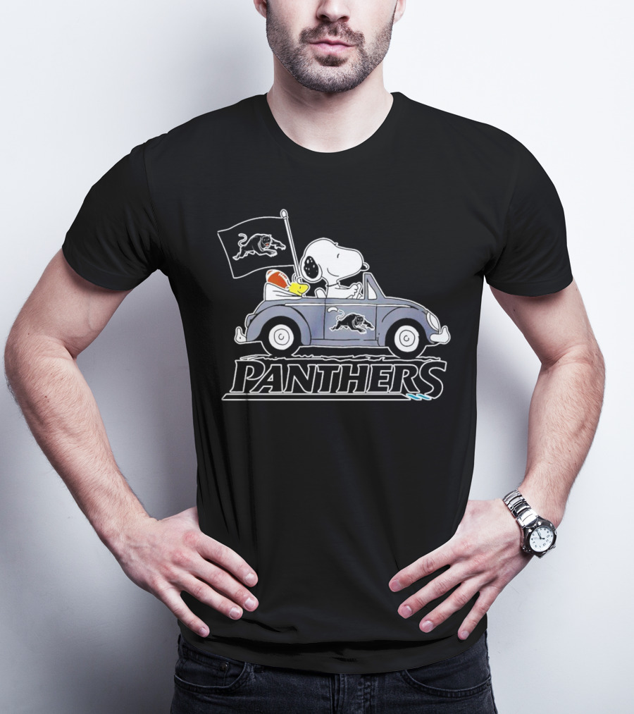 Snoopy Driving Volkswagen With Panthers Football Flag Peanuts T-Shirt
