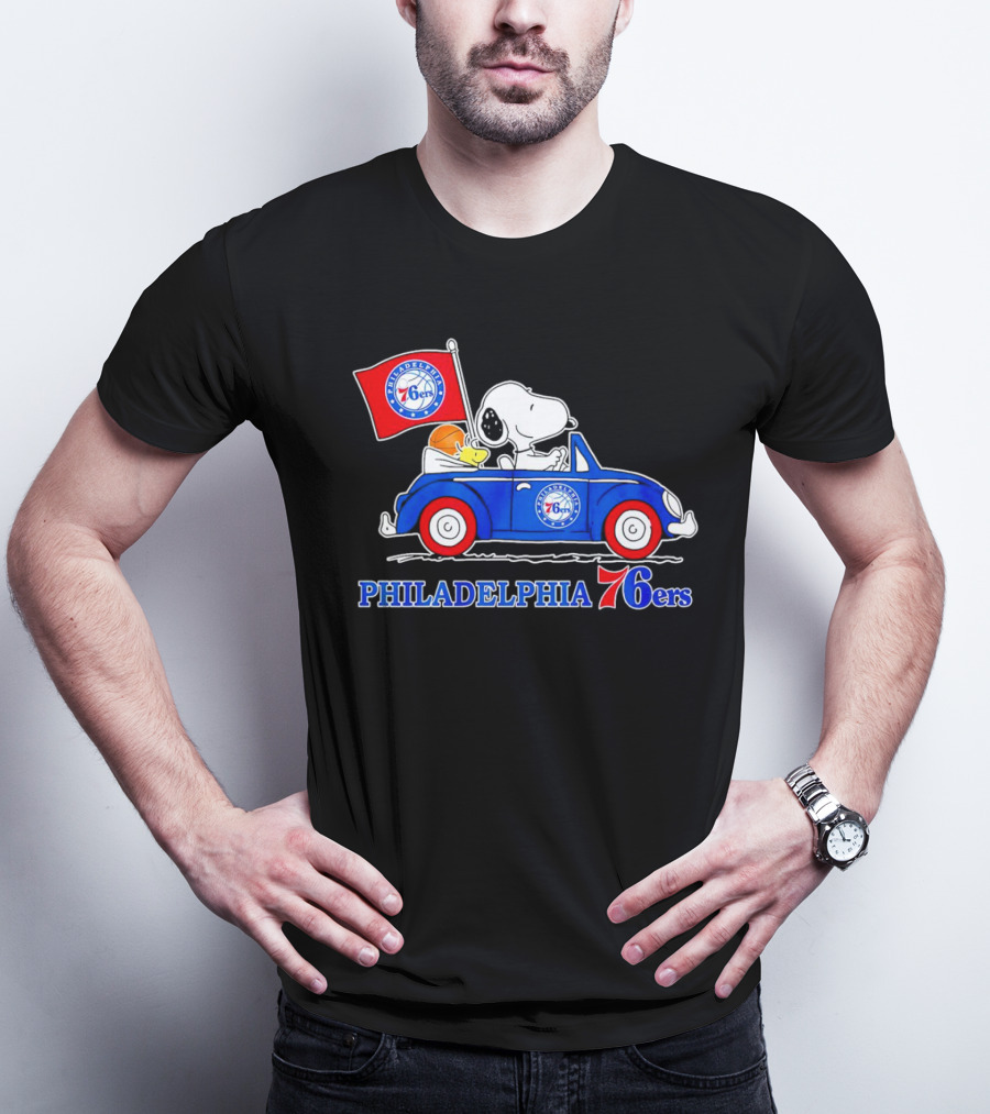 Philadelphia 76ers Snoopy Driving Car With Basketball And Flag T-Shirt