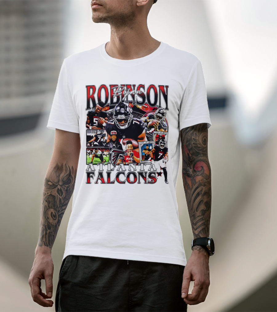 Bijan Robinson Atlanta Falcons Collage With Falcons Logo And Player Images T-Shirt