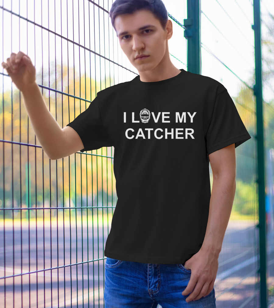 I Love My Catcher Baseball Helmet Face Mask T-Shirt