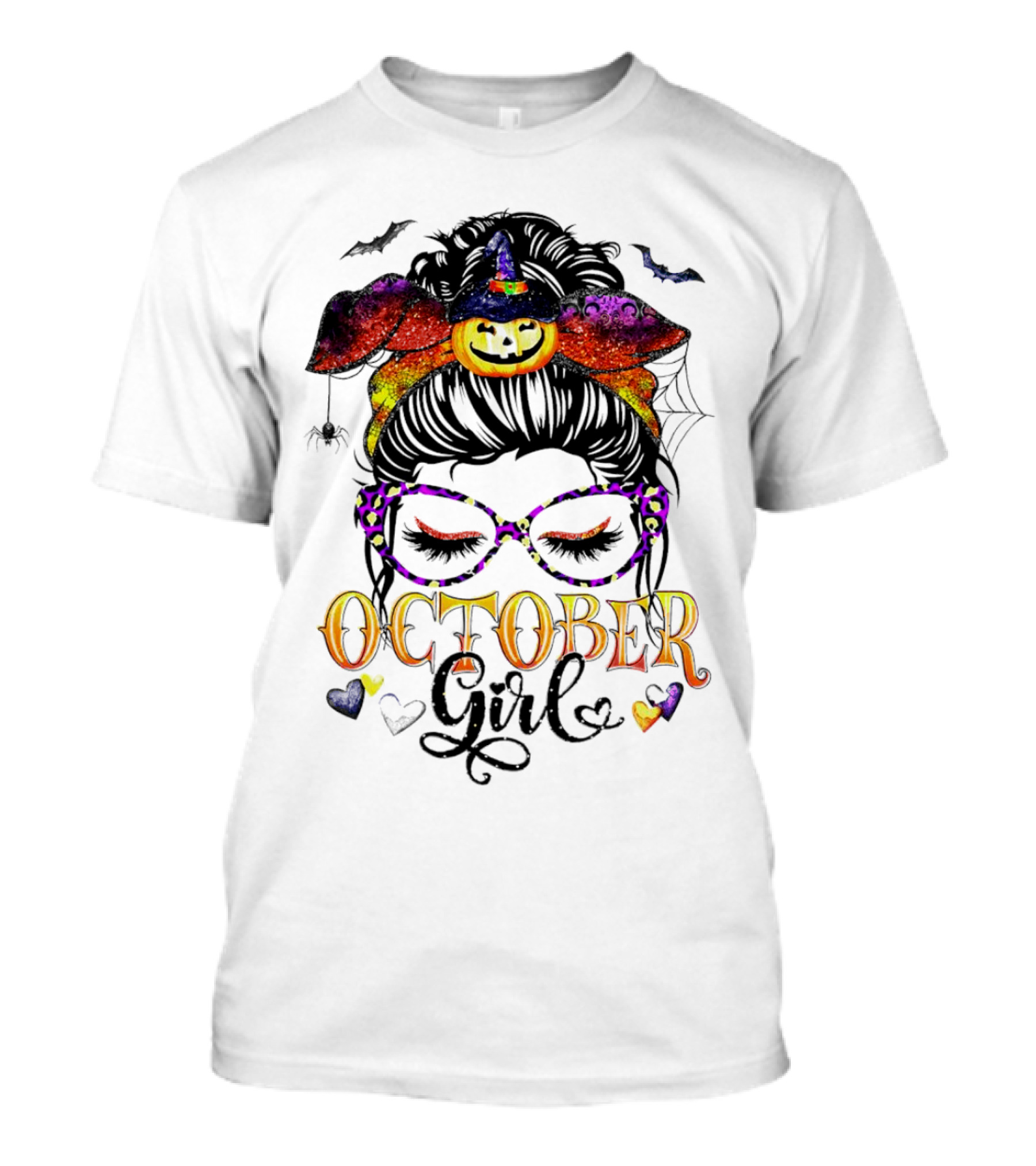 Messy Bun Pumpkin Witch Hat Spider Bats Glasses October Girl Halloween T-Shirt