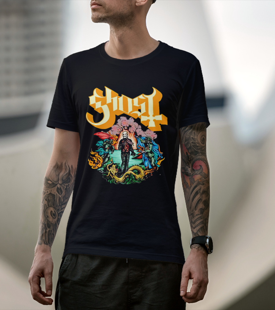 Ghost Skeleton Surrounded By Demons Artwork Halloween T-Shirt