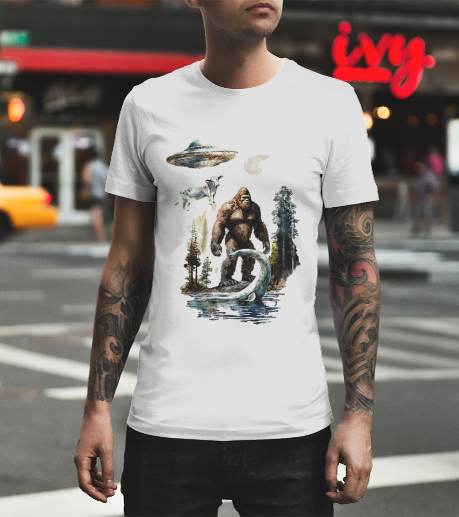 UFO Bigfoot Sasquatch Loch Ness Monster Alien Forest Scene T-Shirt