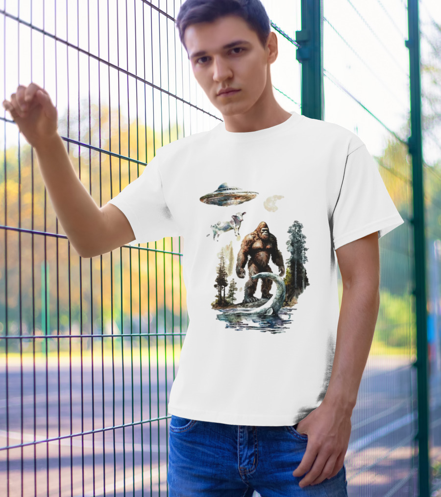 UFO Bigfoot Sasquatch Loch Ness Monster Alien Forest Scene T-Shirt