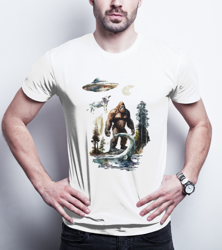 UFO Bigfoot Sasquatch Loch Ness Monster Alien Forest Scene T-Shirt