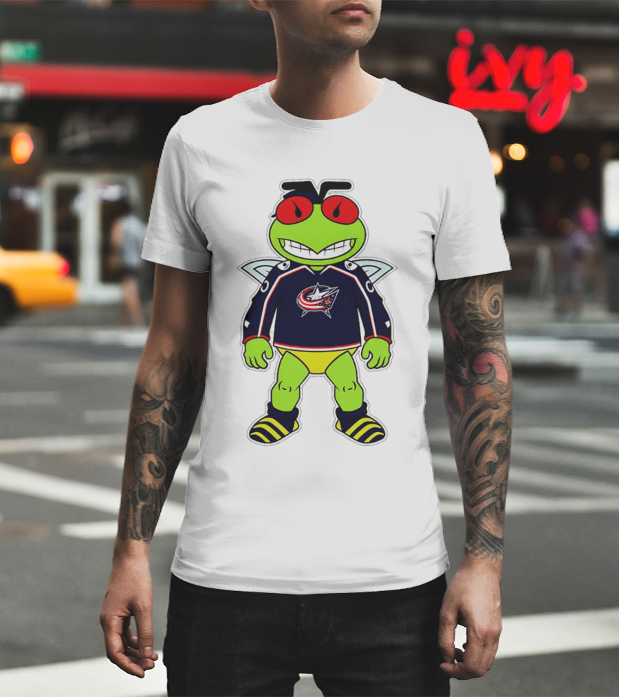 Columbus Blue Jackets Stinger Mascot Character In Team Jersey T-Shirt