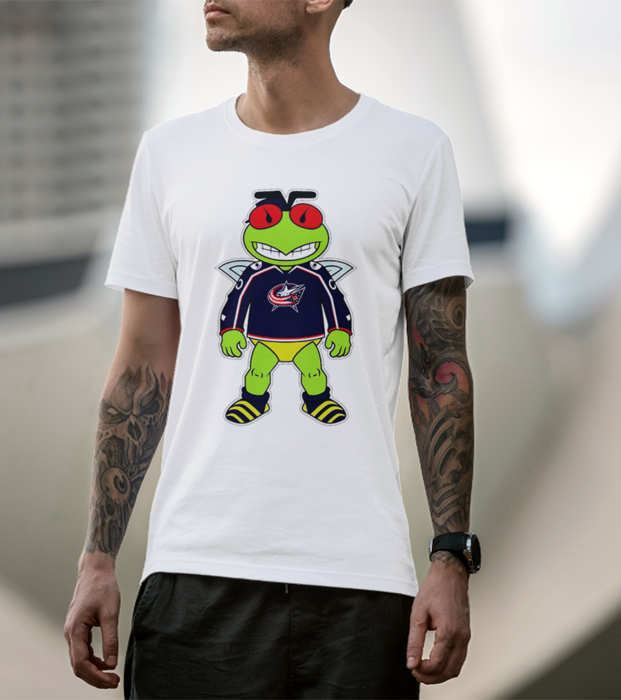 Columbus Blue Jackets Stinger Mascot Character In Team Jersey T-Shirt