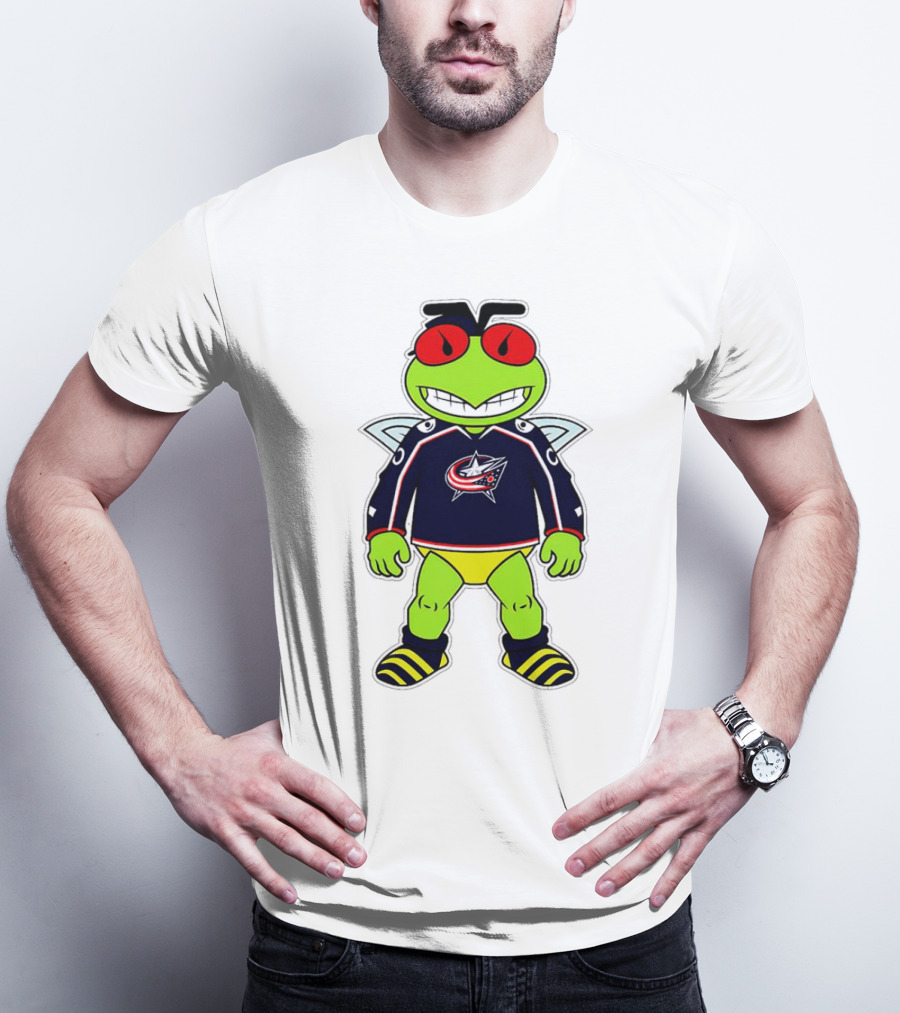 Columbus Blue Jackets Stinger Mascot Character In Team Jersey T-Shirt