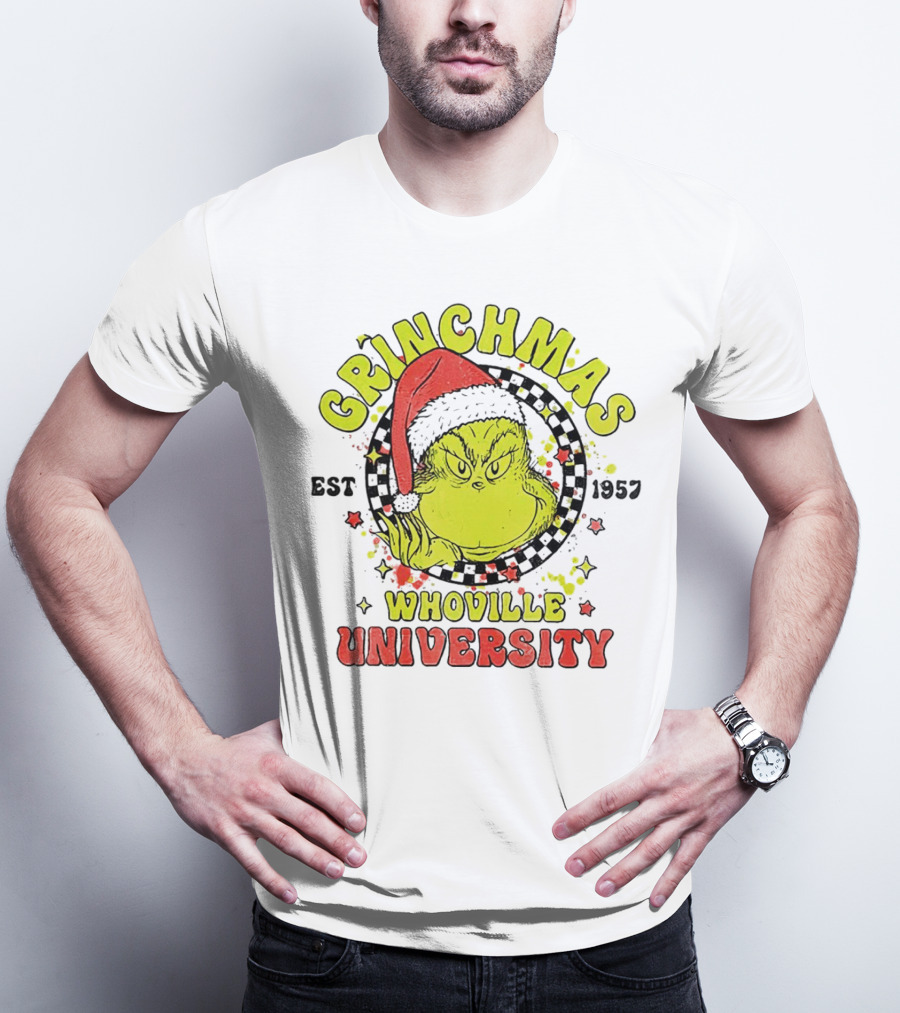 Grinchmas Whoville University Est 1957 Christmas Grinch Santa Hat T-Shirt