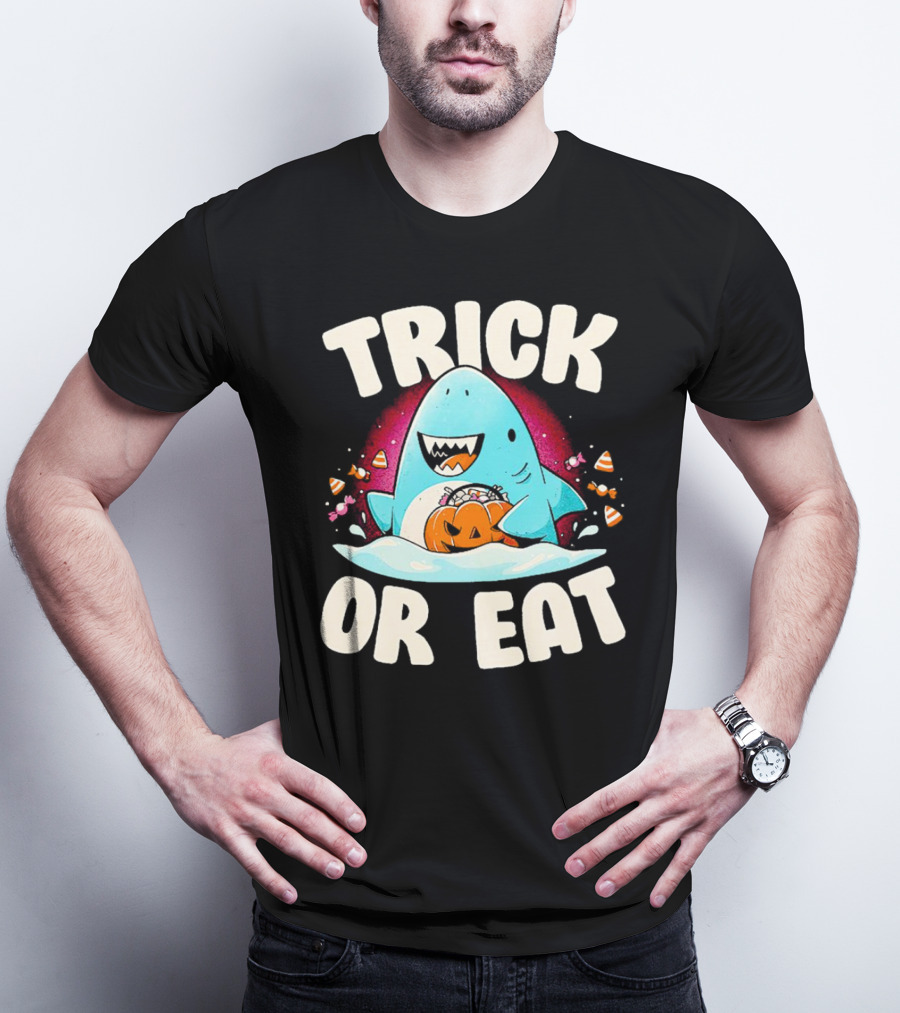 Trick Or Eat Shark Halloween Pumpkin Candy T-Shirt