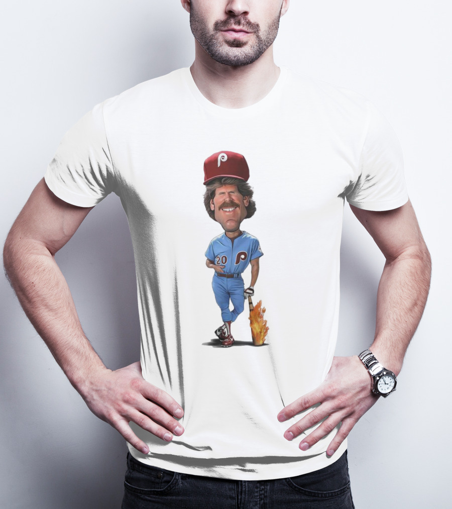 Mike Schmidt Number 20 Philadelphia Phillies Caricature With Flaming Bat T-Shirt