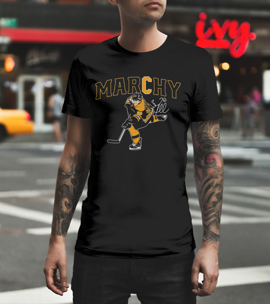 Marchy Brad Marchand 63 Boston Bruins Hockey Signature T-Shirt