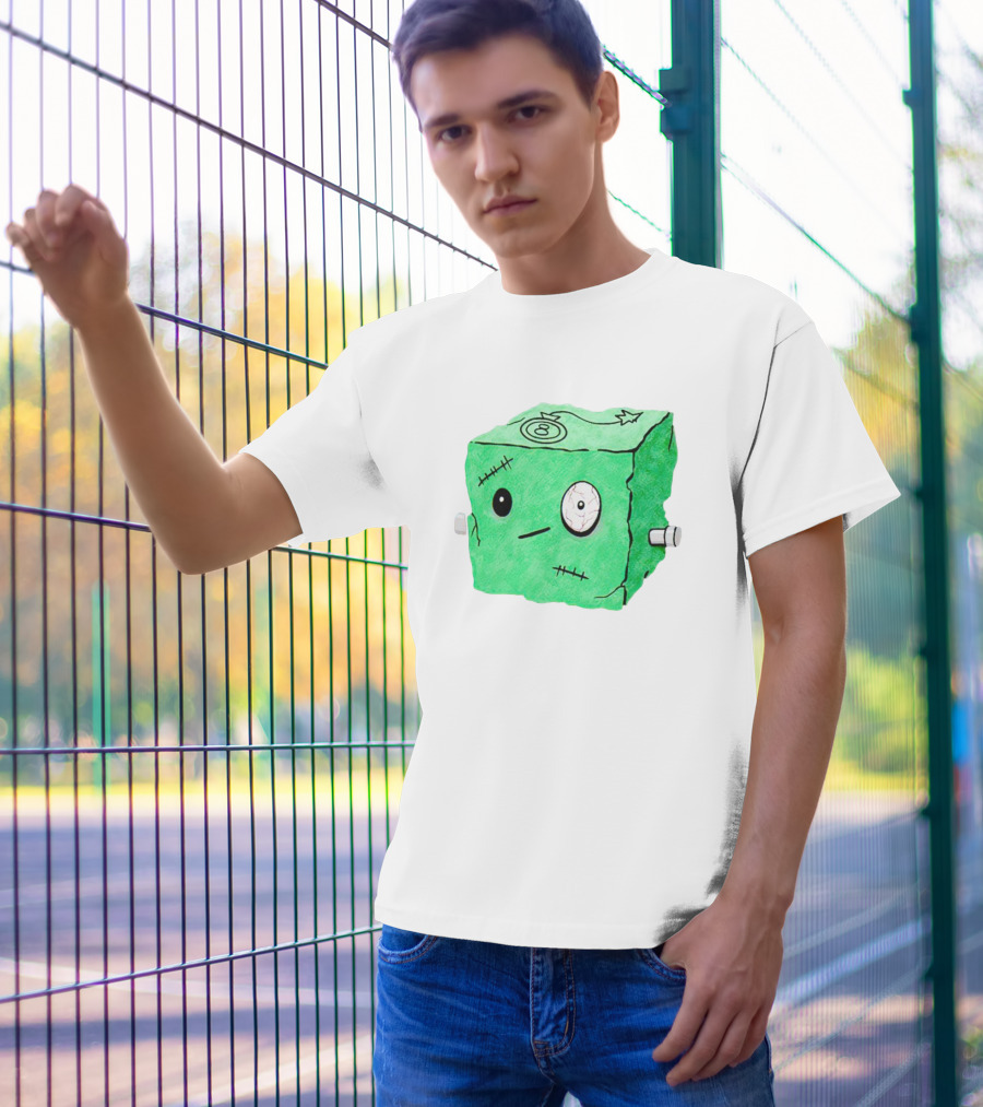 Franken Frankie Eight-Ball Cube Monster Stitched Green Block T-Shirt
