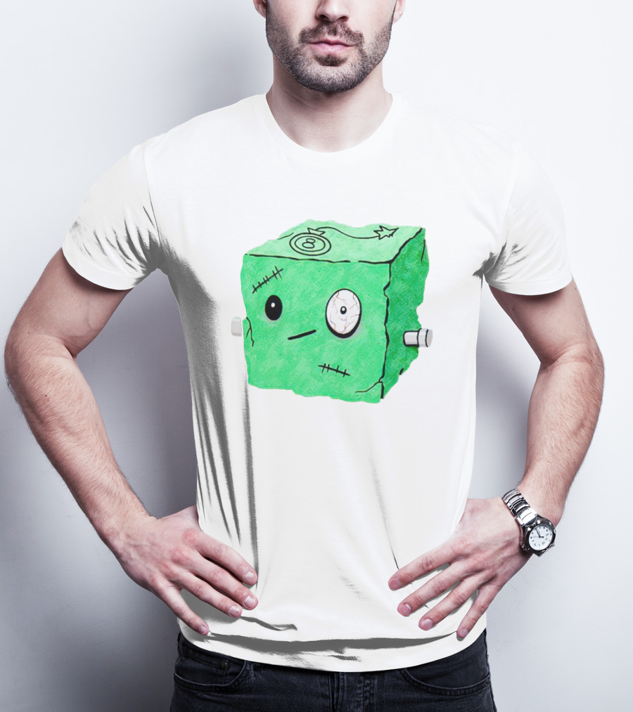 Franken Frankie Eight-Ball Cube Monster Stitched Green Block T-Shirt