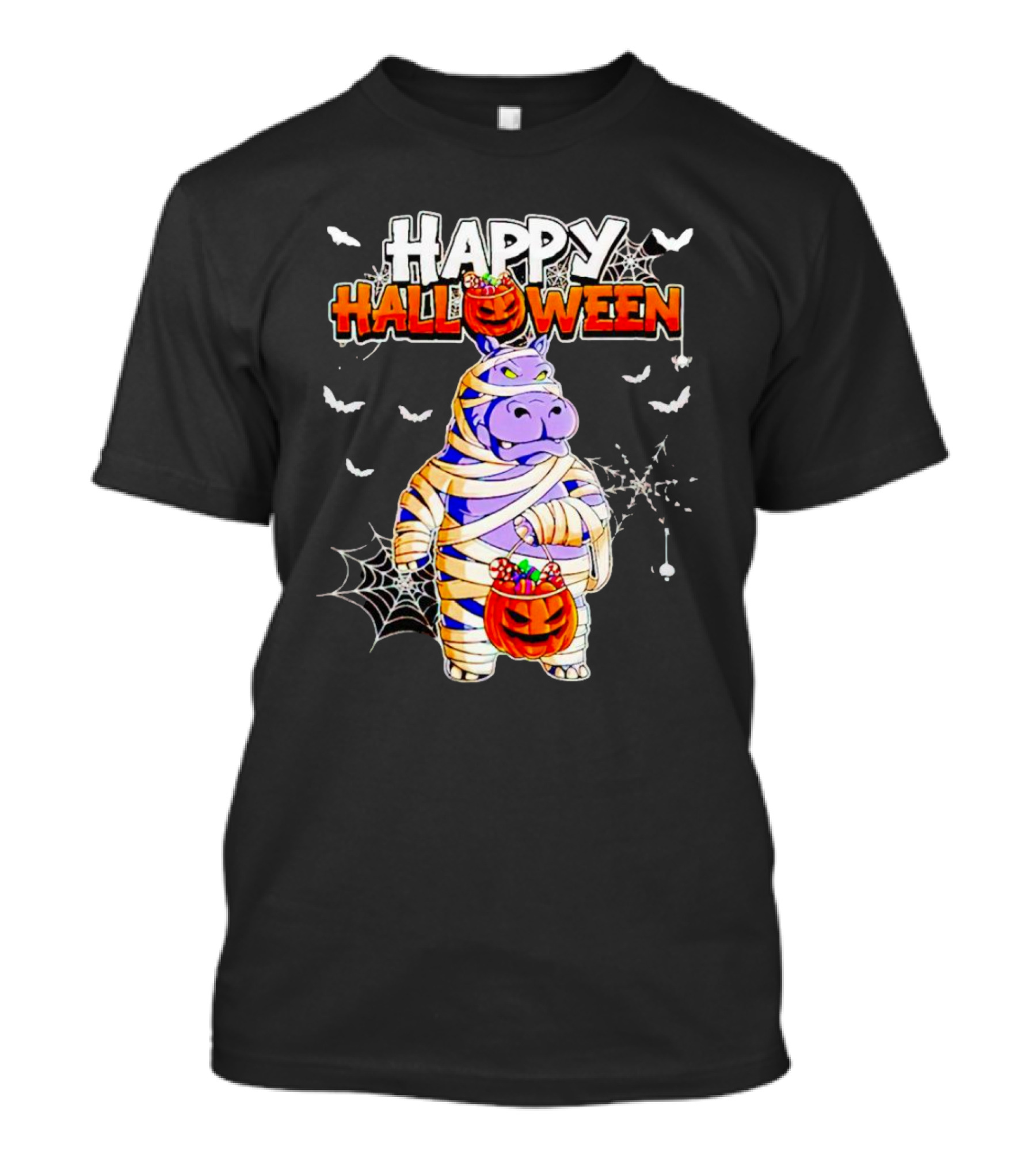 Hippopotamus Mummy With Pumpkin Candy Bucket Happy Halloween T-Shirt